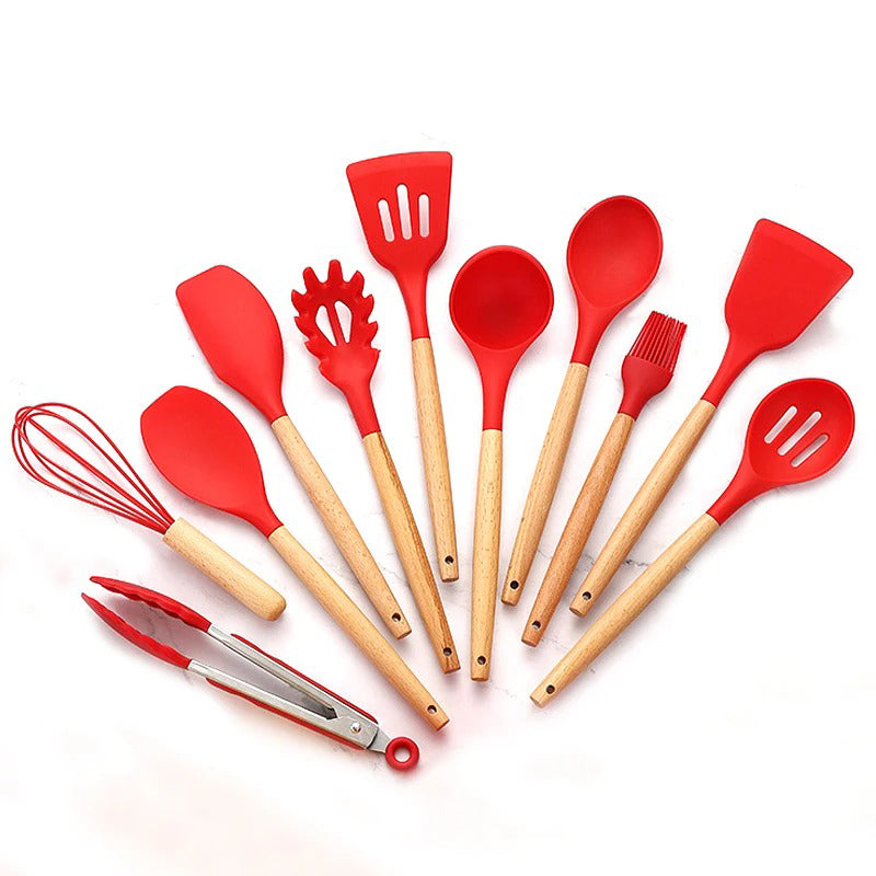 12-Piece Silicone Cooking Utensil Set With Wooden Handle And Holder (R ...
